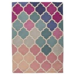 Wollteppich FLAIR RUGS "Rosella", pink (pink, blau), B:80cm H:10mm L:150cm, Wolle, Teppiche, 100% Wolle, mehrfarbig, Ornamente, mit Hoch-Tief-Effekt