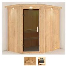 Sauna Karibu "Clara", beige (naturbelassen), ohne Ofen, (ohne Ofen), Saunen, ohne Ofen