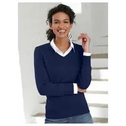 V-Ausschnitt-Pullover Casual Looks "Pullover", Damen, Gr. 50, blau (marine), 50% Baumwolle, 50% Polyacryl, meliert, unifarben, figurumspielend, Pullover