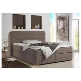 Boxspringbett Home Affaire "Manchester", beige (dunkelbeige), B:200cm L:208cm, Strukturstoff-Bezug (100% Polyester), Komplettbetten, Boxspringbett, 5 Breiten, 3 Ausf&uuml;hrungen, 2 H&auml;rtegraden, Topper, Steppung