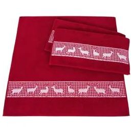 Handtuch Set Dyckhoff "Hirschparade", rot (granat), 3 Stk., Walkfrottier, Walkfrottier, Obermaterial: 100% Baumwolle, Handtuch-Sets, Made in Germany (2 Handt&uuml;cher, 1 Duschtuch)