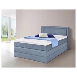 Boxspringbett Hapo, blau (hellblau), Liegefl&auml;che B/L: 140cm x 200cm, kein H&auml;rtegrad, 7-Zonen-Tonnentaschen-Federkernmatratze, Kopfteil, seitliche Unterbox und Obermatratze sind mit pflegeleichtem Feinstrukturstoff in Leinenoptik (100% Polyester) bezogen;Die Oberseite der Unterfederung und die Ober- und Unterseite der Obermatratze sind jeweils mit einem rutschhemmenden Stoff aus 100% Polyester besp