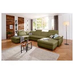Wohnlandschaft Home Affaire "Mauritius U-Form", gr&uuml;n (olive), B:354cm T:232cm, Struktur fein (100% Polyester);Luxus-Microfaser Lederoptik (100% Polyester);Soft clean (98% Polyester, 2% Polyamid), Sofas, Wohnlandschaft, mit Kopfteil- und Armlehnverstellung, wahlweise mit Bettfunktion