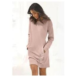 Sweatkleid BENCH. LOUNGEWEAR, Damen, Gr. 40/42, N-Gr, beige (beige, wei&szlig;), Interlock, Obermaterial: 60% Baumwolle, 40% Polyester, unifarben, Basic, bequem ca. Mitte Oberschenkel, Rundhals, Rippb&uuml;ndchen, Kleider Sweatkleid, mit seitlichem Logoprint