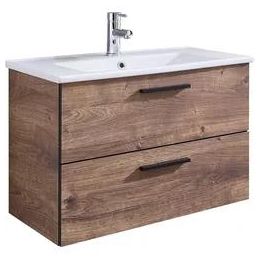 Badm&ouml;bel-Set SAPHIR "Quickset 374 Keramik-Waschtisch mit Unterschrank, 75 cm breit", braun (eiche ribbeck quer nachbildung), B:75cm H:53cm T:45cm, Holzwerkstoff, Kastenm&ouml;bel-Sets, Badm&ouml;bel-Set, Waschplatz mit 2 Schubladen, Eiche Ribbeck quer Nachbildung