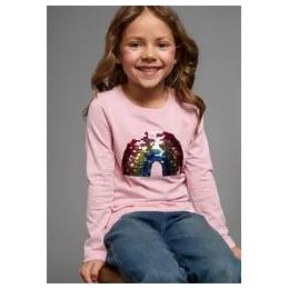 Langarmshirt Kidsworld "Regenbogen Pailletten-Applikation", M&auml;dchen, Gr. 128/134, rosa, Jersey, Obermaterial: 100% Baumwolle, bedruckt, Basic h&uuml;ftlang, Rundhals, abgesteppte Kante, Shirts Langarmshirt, Langarm, Basic-Passform, mit schimmernden Pailletten-Applikationen, Topseller