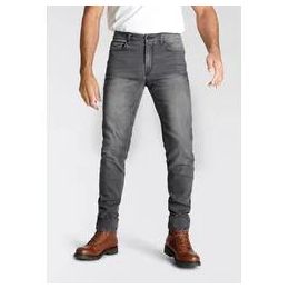 H.I.S. Slim-fit-Jeans H.I.S "FLUSH", Herren, Gr. 32, L&auml;nge 32, grau (dunkel grau), Denim/Jeans, Obermaterial: 75% Baumwolle, 23% Polyester, 2% Elasthan, schmal lang, Jeans Slim-fit-Jeans, schmale Beinform, mit Used-Effekten, niedrige Leibh&ouml;he