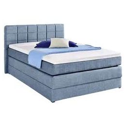 Boxspringbett Hapo, blau, Liegefl&auml;che B/L: 140cm x 200cm, kein H&auml;rtegrad, 7-Zonen-Tonnentaschen-Federkernmatratze, Das Bett ist mit pflegeleichtem Feinstrukturstoff in Leinenoptik (100% Polyester) bezogen.;Die Oberseite der Unterfederung und die Ober- und Unterseite der Obermatratze sind jeweils mit einem rutschhemmenden Stoff aus 70% Polyester und 30% Polypropylen bespannt., Komplettbetten, Boxsp