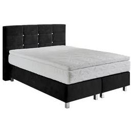 Boxspringbett, schwarz, B:155cm L:210cm, Bezug: Microvelours 100% Polyester;Polsterung: 100% Polyester, Westfalia Schlafkomfort, Komplettbetten, Boxspringbett, mit Kn&ouml;pfen in Kristalloptik, wahlweise mit Topper