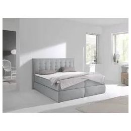 Boxspringbett Home Affaire "Sagres", grau, B:195cm L:210cm, Feinstruktur(100% Polyester);Bezug der Spiegelfl&auml;che Matratzendrell aus 100% Polyester, Komplettbetten, Boxspringbett, Kopfteil mit 2farbiger Flatterbiese und zweifarbigen Kn&ouml;pfen