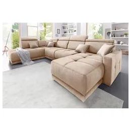 Wohnlandschaft DOMO collection "Ava moderne Sitzheftung mit toller Doppelnaht, komfortabel, U-Form", beige (natur), B:351cm H:84cm T:222cm, Zierkissen: Microfaser PRIMABELLE (100% Polyester);Struktur (100% Polyester);Microfaser PRIMABELLE (100% Polyester);Kunstleder SOFTLUX;Struktur fein (100% Polyester), Sofas, Wohnlandschaft, mit Federkern, wahlweise mit Kopfteilverstellungen