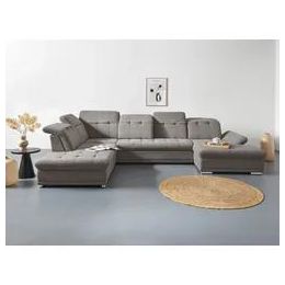 Wohnlandschaft COTTA "Holiday U-Form mit Sitztiefen-, Armteil- und Kopfteilverstellung", grau (elephant), B:386cm H:86cm T:265cm, 100% Polyester, Sofas, Wohnlandschaft, wahlweise mit Bettfunktion & Bettkasten