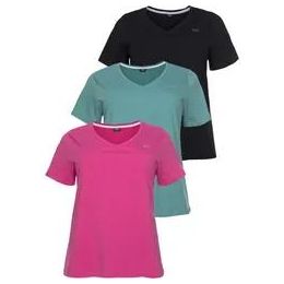 H.I.S. T-Shirt H.I.S "Essential-Basics", Damen, Gr. 52/54, bunt (schwarz, pink, t&uuml;rkis), Single Jersey, Obermaterial: 100% Baumwolle, unifarben, Basic, figurumspielend h&uuml;ftlang, V-Ausschnitt, Shirts T-Shirt, figurumspielender Schnitt, aus Baumwolle, Topseller