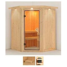 Sauna Karibu "Larin", beige (naturbelassen), ohne Ofen, (ohne Ofen), Saunen, ohne Ofen