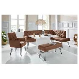 Eckbank exxpo - SOFA FASHION "Doppio, Chesterfield Optik, komfortabel und bequem, hohe Designf&uuml;&szlig;e", braun (cognac), B:158cm H:90cm T:236cm, 100% Polyester, Sitzb&auml;nke, Eckbank, Frei im Raum stellbar