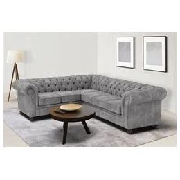 Chesterfield-Sofa Home Affaire "Chesterfield Ecksofa, auch in Leder L-Form", grau (hellgrau), B:250cm H:74cm T:210cm, Luxus-Microfaser (94% Polyester, 5% Nylon, 1% Spandex);Microfaser Antiklederoptik (100% Polyester);NaturLEDER (echtes italienisches Rindsleder), Sofas, hochwertige Knopfheftung, langer Schenkel links oder rechts w&auml;hlbar
