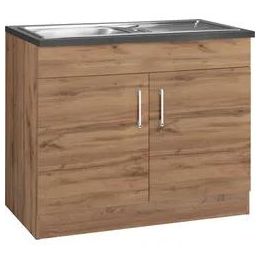 Sp&uuml;lenschrank KOCHSTATION "KS-Colmar", braun (wotaneiche), B:100cm H:85cm T:60cm, Holzwerkstoff, Schr&auml;nke, Sp&uuml;lenschrank, 100 cm, mit Metallgriff