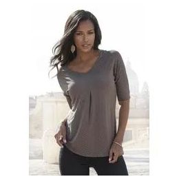 Kurzarmshirt Lascana "mit Kellerfalte", Damen, Gr. 32/34, grau (taupe, gepunktet), Obermaterial: 96% Viskose, 4% Elasthan, gemustert, ausgestellt, V-Ausschnitt, Shirts, aus weichem Viskose-Stretch