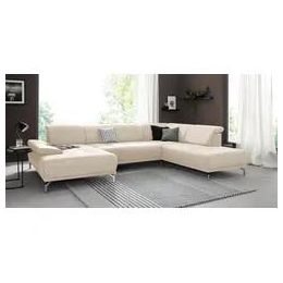 Wohnlandschaft Home Affaire "Caluna", beige (creme), B:334cm H:81cm T:235cm, Flachgewebe Mura: (100% Polyester);Luxus-Microfaser Vintageoptik (100% Polyester);Luxus-Mikrofaser (90% Polyester, 10% Polyamid), Sofas, Wohnlandschaft, Inkl.Sitztiefenverstellung, wahlweise mit Kopf- und Armteilverstellung