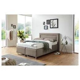Boxspringbett, beige (feinstrukturstoff dunkelbeige), Liegefl&auml;che B/L: 140cm x 200cm, H3, 7-Zonen-Kaltschaummatratze, Bezug Unterbox und Kopfteil: Feinstrukturstoff (77% Polyester, 23% Viskose);Bezug Obermatratze 100% Polyester, waschbar bis 60C;Bezug Zierkissen Feinstrukturstoff (77% Polyester, 23% Viskose), Westfalia Schlafkomfort, Komplettbetten, Boxspringbett, mit Zierkissen und verchromten Ku