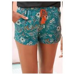 Schlafshorts Lascana, Damen, Gr. 36/38, N-Gr, blau (rauchblau), Single Jersey, Obermaterial: 60% Polyester, 36% Viskose, 4% Elasthan, gebl&uuml;mt, bequem kurz, Hosen, im Blumen Allover-Druck