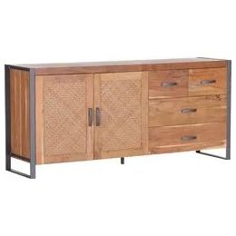 Sideboard GUTMANN FACTORY "Alvara", grau (natur, anthrazit), B:175cm H:80cm T:47cm, Massivholz, Metall, Sideboards, Sideboard, Kommode mit Rattan Geflecht