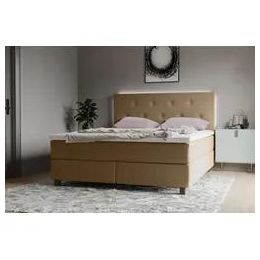 Boxspringbett Home Affaire "Alenika", braun (sandbraun), B:141cm L:208cm, 100% Polyester, Komplettbetten, Boxspringbett, mit LED - Beleuchtung, mit Taschen-Federkernmatratze
