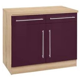 Unterschrank KOCHSTATION "KS-Samos", lila (aubergine hochglanz, eiche sonoma), B:100cm H:85cm T:60cm, Schr&auml;nke, Unterschrank, 100 cm breit