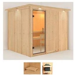 Sauna Karibu "Gitte", beige (naturbelassen), ohne Ofen, (ohne Ofen), Saunen, ohne Ofen