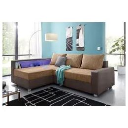 Ecksofa Collection AB "Relax L-Form", braun (dunkelbraun, cappucino), B:223cm H:84cm T:91cm, Zierkissen: 100%Polyester;Struktur (100% Polyester);Microfaser PRIMABELLE (100% Polyester);Kunstleder SOFTLUX / Struktur (80% Polyester, 20% Acryl);Microfaser PRIMABELLE (100% Polyester) / Struktur (80% Polyester, 20% Acryl), Sofas, Ecksofa, inklusive Bettfunktion, Federkern, wahlweise mit RGB-LED-Beleucht
