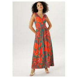 Sommerkleid Aniston SELECTED, Damen, Gr. 48, N-Gr, bunt (gr&uuml;n, rot, orange), Single Jersey, Obermaterial: 95% Viskose, 5% Elasthan, bedruckt, figurumspielend lang, V-Ausschnitt, Kleider Sommerkleid, mit breiten Tr&auml;gern zum Raffen