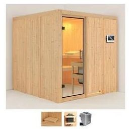 Sauna Karibu "Rodin", beige (naturbelassen), Bio-Kombiofen, externe Steuerung, 9 kW, Saunen, Ofen 9 kW Bio externe Strg easy