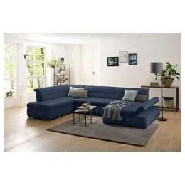 Wohnlandschaft Home Affaire "Avesa U-Form", blau (dunkelblau), B:355cm H:80cm T:216cm, 100% Polyester, Sofas, Wohnlandschaft, Wahlweise mit Armteilverstellung und Bettfunktion, B/T/H: 355/216/80cm