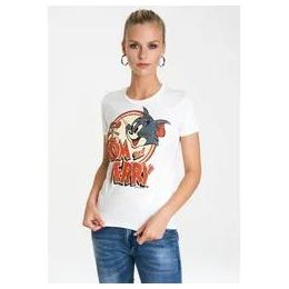 T-Shirt logoshirt "Tom & Jerry-Logo", Damen, Gr. XS, wei&szlig; (altwei&szlig;), 100% Baumwolle, bedruckt, normal, Rundhals, Shirts T-Shirt, mit lizenziertem Originaldesign