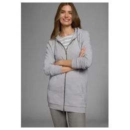 Sweatjacke Flashlights, Damen, Gr. 32/34, grau (hellgrau, meliert), Interlock, Obermaterial: 90% Baumwolle, 5% Elasthan, 5% Viskose. Kapuzenfutter: 95% Baumwolle, 5% Viskose, unifarben, Basic, l&auml;ssig geschnitten Po-bedeckend, Sweatjacken Sweatjacke, in langer Form mit Zipper
