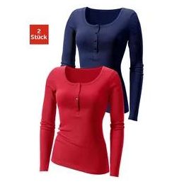 H.I.S. Langarmshirt H.I.S "mit kurzer Knopfleiste", Damen, Gr. 44/46, blau (marine, rot), Feinripp, Obermaterial: 100% Baumwolle, unifarben, Basic, k&ouml;rpernah, tiefer Rundhals, Shirts Langarmshirt, aus modischer Rippqualit&auml;t, Topseller