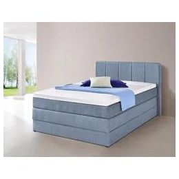 Boxspringbett Hapo, blau (hellblau), Liegefl&auml;che B/L: 140cm x 200cm, kein H&auml;rtegrad, Bonnell-Federkernmatratze, Kopfteil, seitliche Unterbox und Obermatratze sind mit pflegeleichtem Feinstrukturstoff in Leinenoptik (100% Polyester) bezogen;Die Oberseite der Unterfederung und die Ober- und Unterseite der Obermatratze sind jeweils mit einem rutschhemmenden Stoff aus 100% Polyester bespannt., Komplet