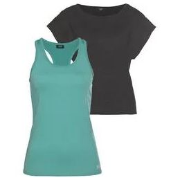 H.I.S. Trainingsshirt H.I.S "2-tlg. Shirt & Top", Damen, Gr. 46, bunt (schwarz, t&uuml;rkis), Obermaterial: 60% Baumwolle, 40% Polyester. Top: 95% Polyester, 5% Elasthan, bequem h&uuml;ftlang, Rundhals, Shirts, Kurzarm, bequeme Passform, sportlich, atmungsaktives Material