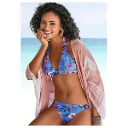 Triangel-Bikini-Top s.Oliver "Maya", Damen, Gr. 34, Cup C/D, blau (blau, bedruckt), Polyamid, floral, Bikini-Oberteile, mit Ring in Horn-Optik