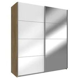 Schwebet&uuml;renschrank wimex "Easy", braun (plankeneichefarben, wei&szlig;glas, spiegel), B:135cm H:210cm T:65cm, Schr&auml;nke, Schwebet&uuml;renschrank, mit Glas und Spiegel