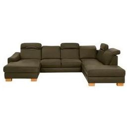 Wohnlandschaft Home Affaire "Dundee U-Form", gr&uuml;n (olive), B:338cm H:86cm T:219cm, Luxus-Microfaser Lederoptik (100% Polyester), Sofas, Wohnlandschaft, wahlweise mit Kopfteilverstellung und zus&auml;tzlich mit Bettfunktion