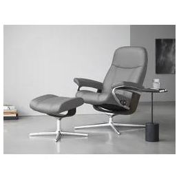 Relaxsessel stressless "Consul", grau (wild dove batick), B:78cm H:97cm T:70cm, Leder BATICK: BATICK ist ein leicht korrigiertes, durchgef&auml;rbtes und genarbtes M&ouml;belleder, bei dem die meisten Unebenheiten und Spuren in der Regel entfernt wurden., Sessel, Relaxsessel, mit Hocker, mit Cross Base, Gr&ouml;&szlig;e S, M & L, Holzakzent Wenge