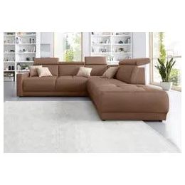 Ecksofa DOMO collection "Ava, moderne Sitzheftung mit toller Doppelnaht, komfortabel, L-Form", braun (espresso), B:266cm H:84cm T:99cm, Kunstleder SOFTLUX;Struktur fein (100% Polyester);Zierkissen: Microfaser PRIMABELLE (100% Polyester);Struktur (100% Polyester);Microfaser PRIMABELLE (100% Polyester), Sofas, Ecksofa, mit Ottomane, inkl. Federkern, wahlweise mit Kopfteilverstellungen