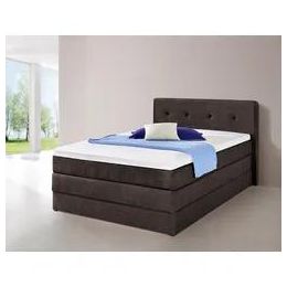Boxspringbett Hapo, braun, Liegefl&auml;che B/L: 140cm x 200cm, kein H&auml;rtegrad, 7-Zonen-Kaltschaummatratze, Kopfteil, seitliche Unterbox und Obermatratze sind mit pflegeleichtem Feinstrukturstoff in Leinenoptik (100% Polyester) bezogen;Die Oberseite der Unterfederung und die Ober- und Unterseite der Obermatratze sind jeweils mit einem rutschhemmenden Stoff aus 100% Polyester bespannt., Komplettbetten, 