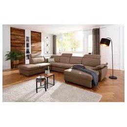 Wohnlandschaft Home Affaire "Mauritius U-Form", braun, B:354cm T:232cm, Struktur fein (100% Polyester);Luxus-Microfaser Lederoptik (100% Polyester);Soft clean (98% Polyester, 2% Polyamid), Sofas, Wohnlandschaft, mit Kopfteil- und Armlehnverstellung, wahlweise mit Bettfunktion