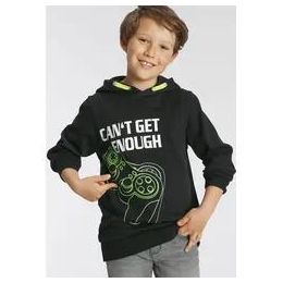 Kapuzensweatshirt Kidsworld "CAN ́T GET ENOUGH - Spruch", Jungen, Gr. 176/182, schwarz, angeraute Sweatware, Obermaterial: 100% Baumwolle, bedruckt, Basic, Rippb&uuml;ndchen, Sweatshirts, bedrucktes Design, aus Baumwolle