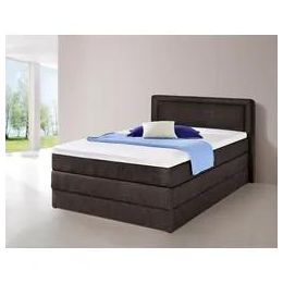 Boxspringbett Hapo, braun, Liegefl&auml;che B/L: 140cm x 200cm, kein H&auml;rtegrad, Bonnell-Federkernmatratze, Kopfteil, seitliche Unterbox und Obermatratze sind mit pflegeleichtem Feinstrukturstoff in Leinenoptik (100% Polyester) bezogen;Die Oberseite der Unterfederung und die Ober- und Unterseite der Obermatratze sind jeweils mit einem rutschhemmenden Stoff aus 100% Polyester bespannt., Komplettbetten, B