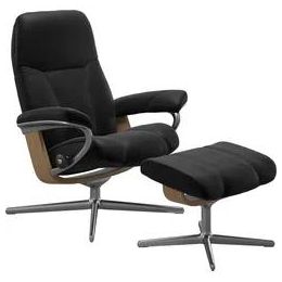 Relaxsessel stressless "Consul", schwarz (schwarz batick), B:91cm H:102cm T:79cm, Leder BATICK: BATICK ist ein leicht korrigiertes, durchgef&auml;rbtes und genarbtes M&ouml;belleder, bei dem die meisten Unebenheiten und Spuren in der Regel entfernt wurden., Sessel, Relaxsessel, mit Hocker, mit Cross Base, Gr&ouml;&szlig;e S, M & L, Holzakzent Eiche