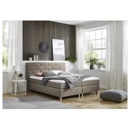 Boxspringbett, beige (schwarz, beige), B:195cm L:210cm, Bezug Bett: Feinstruktur 100% Polyester;Bezug Bonnell-Federkernmatratze: 100% Polyester;Bezug Kaltschaummatratze: 100% Polyester;Bezug Tonnentaschenfederkernmatratze: 80% Baumwolle, 20%Polyester;Topper: Komfortschaum mit Bezug 100% Polyester, Westfalia Schlafkomfort, Komplettbetten, Boxspringbett, mit Topper