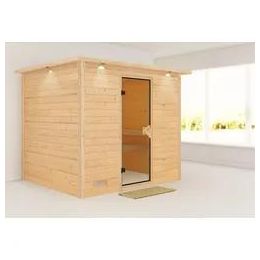 Sauna Karibu "Soraja", beige (naturbelassen), ohne Ofen, (ohne Ofen), Saunen, ohne Ofen